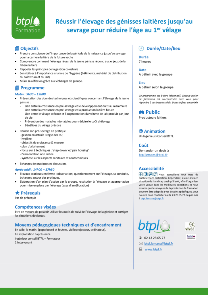 BTPL - Réussir l'élevage des génisses laitières jusqu'au sevrage pour ...