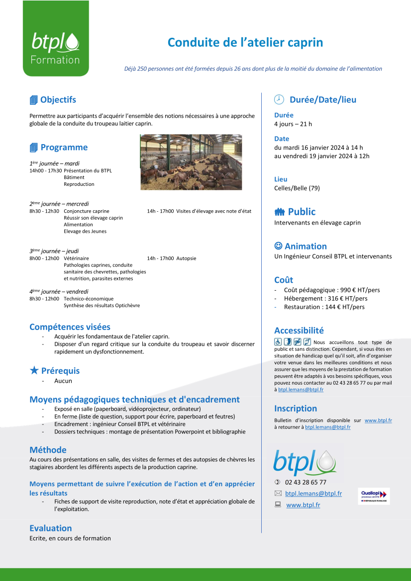 BTPL - Approche globale de la conduite de l'atelier caprin